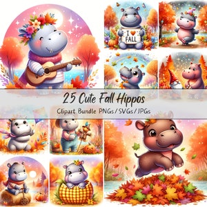 Cute Fall Hippopotamuses Clipart Bundle, Watercolor Hippos Clip Art ...