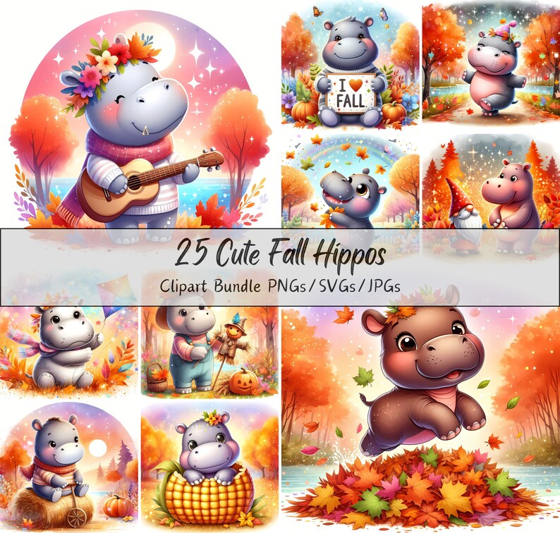 Cute Fall Hippopotamuses Clipart Bundle, Watercolor Hippos Clip Art ...