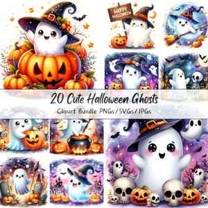 Cute Halloween Ghosts Clipart Bundle, Watercolor Ghost Clip Art Images ...