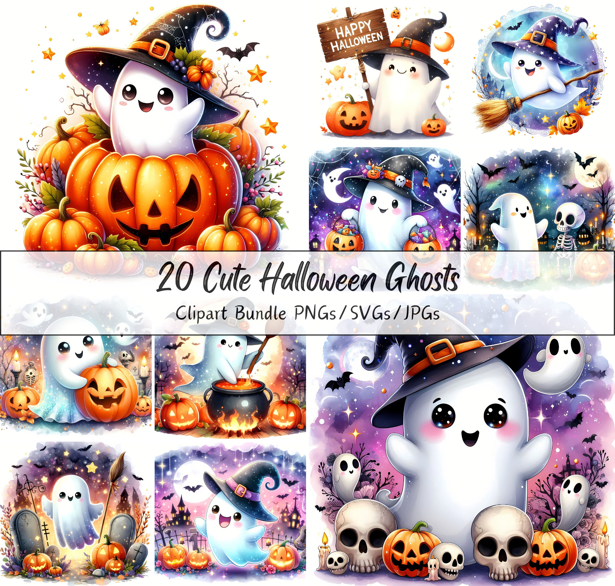 Cute Halloween Ghosts Clipart Bundle, Watercolor Ghost Clip Art Images ...