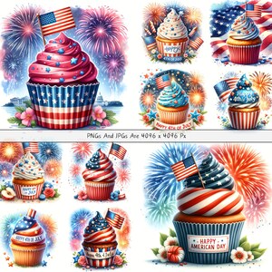 4th July Cupcakes Clipart Bundle, Watercolor Patriotic Files, High ...