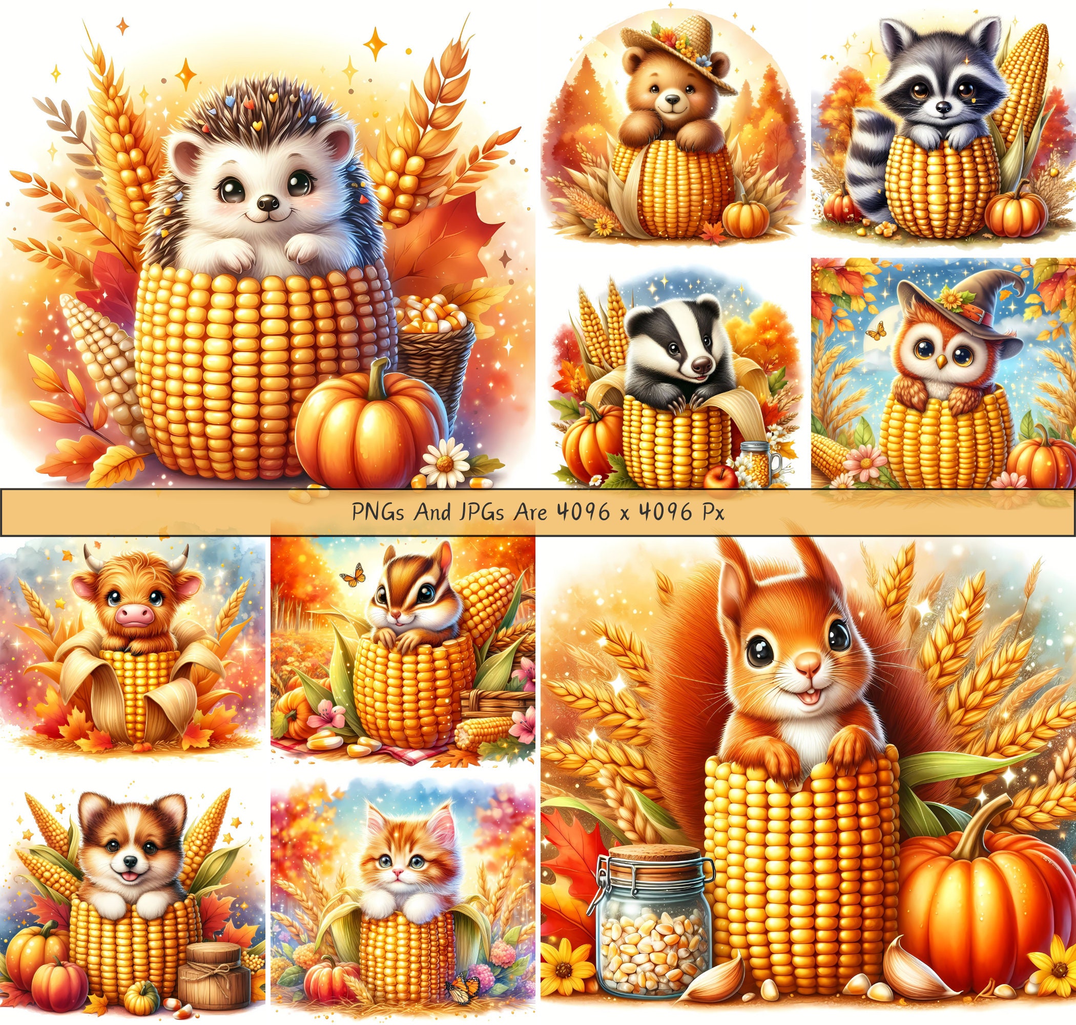 Cute Fall Corn Animals Clipart Bundle, Watercolor Animal Clip Art ...