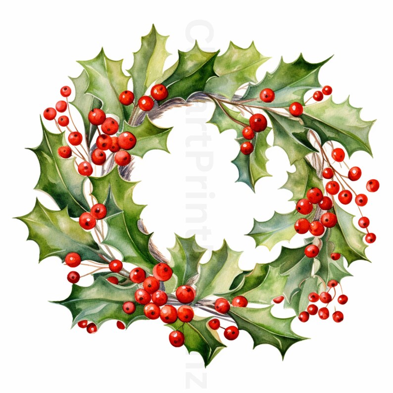 10 Watercolor Christmas Holly, High Quality Clipart Bundle, Commercial ...