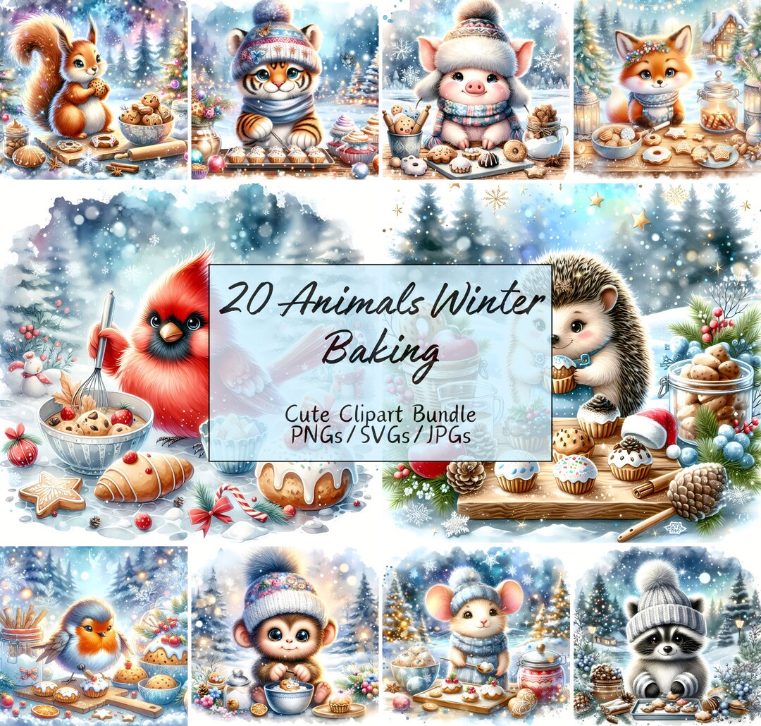 Cute Animals Baking Winter Treats, Clipart Bundle, Festive Watercolor ...