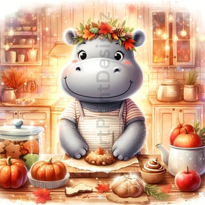 Cute Fall Hippopotamuses Clipart Bundle, Watercolor Hippos Clip Art ...