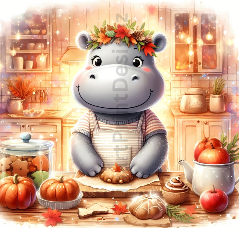 Cute Fall Hippopotamuses Clipart Bundle, Watercolor Hippos Clip Art ...