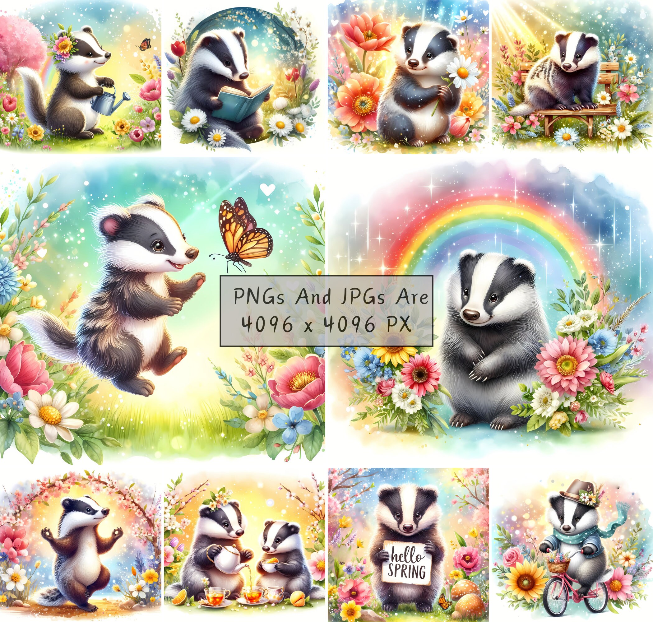 Cute Spring Badgers Clipart Bundle, Watercolor Clip Art Images, High ...