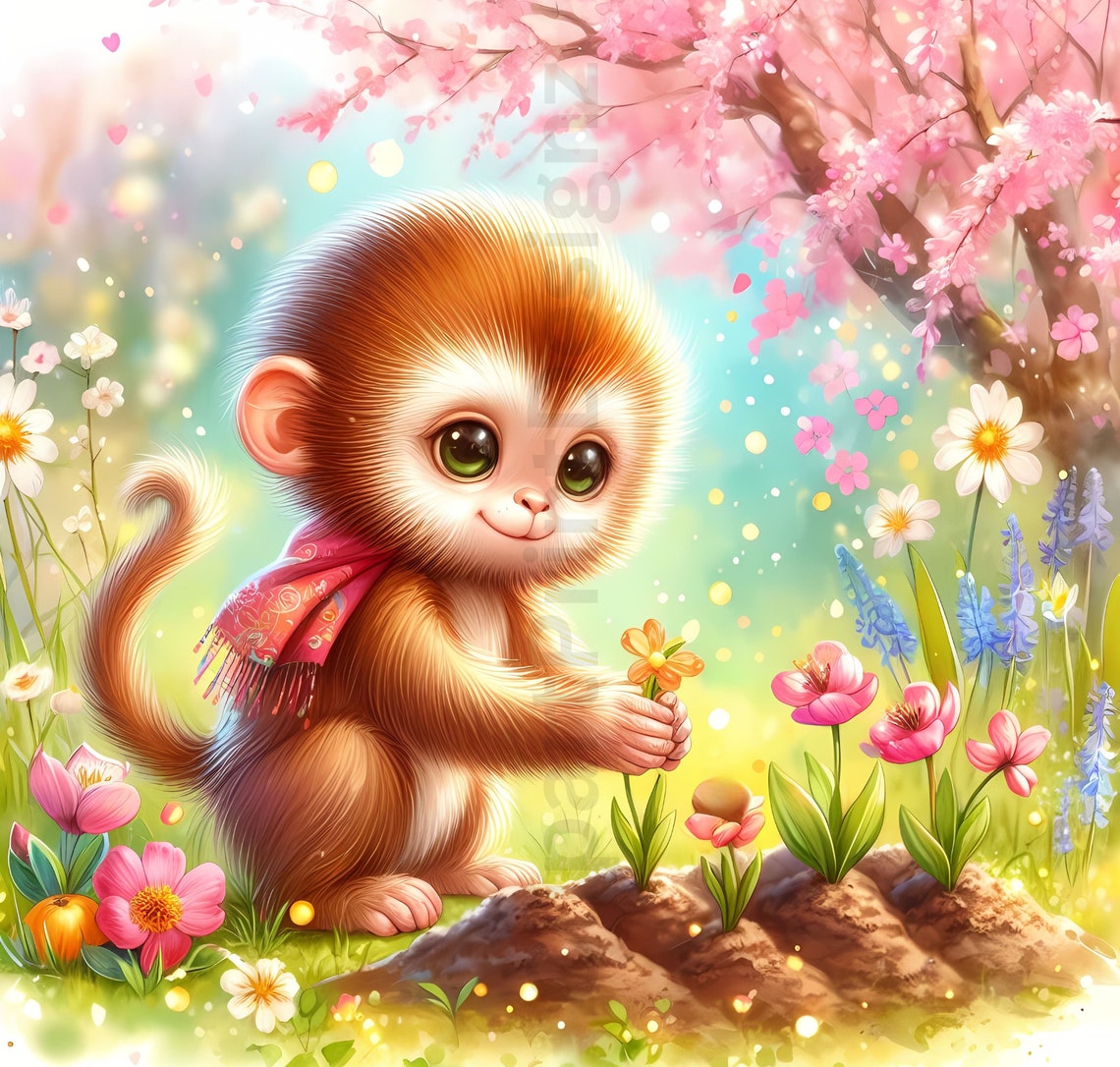 Cute Spring Monkeys Clipart Bundle, Watercolor Clip Art Images, 20 High ...