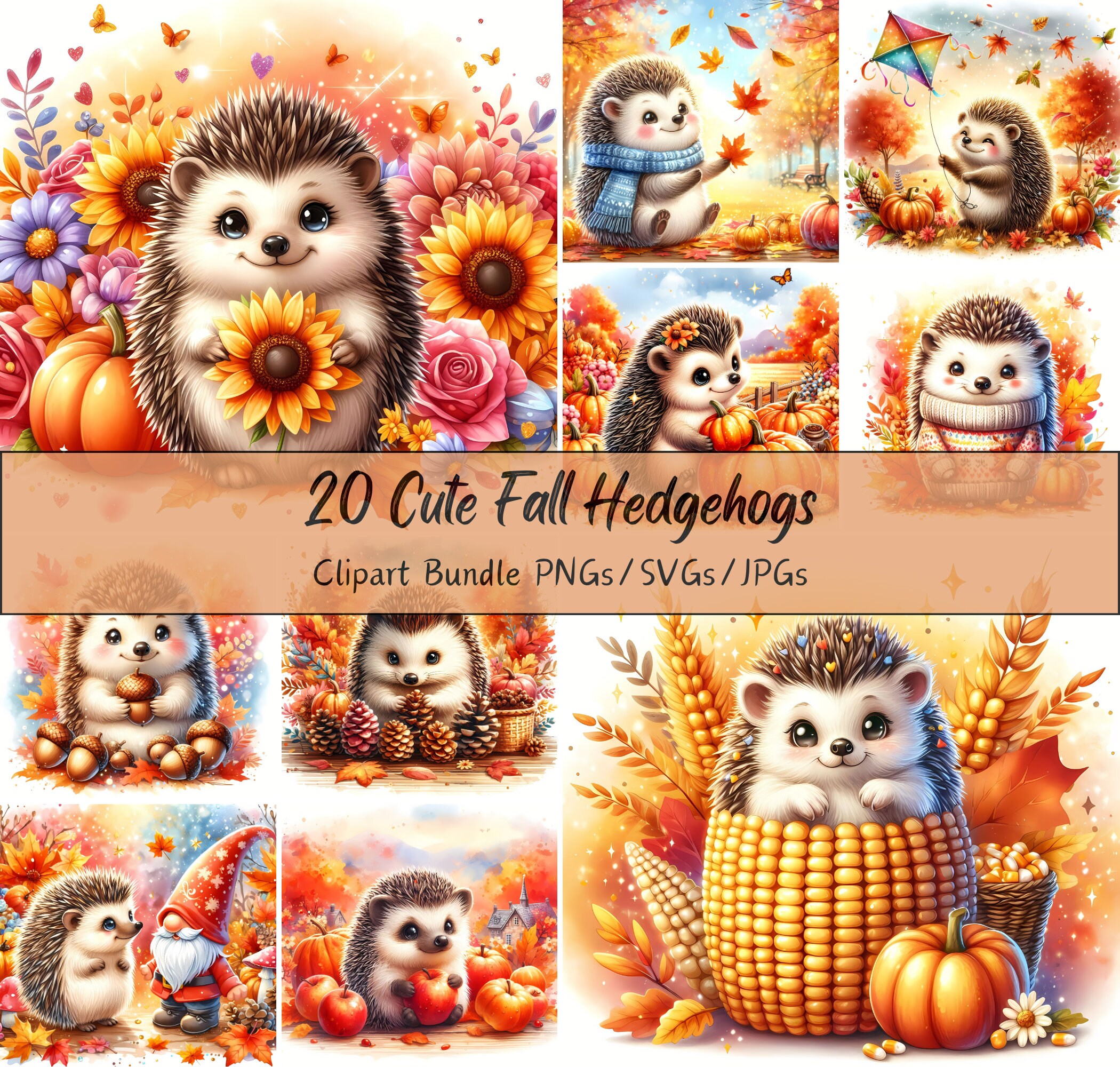 Cute Fall Hedgehogs Clipart Bundle, Watercolor Autumn Hedgehog Clip Art ...