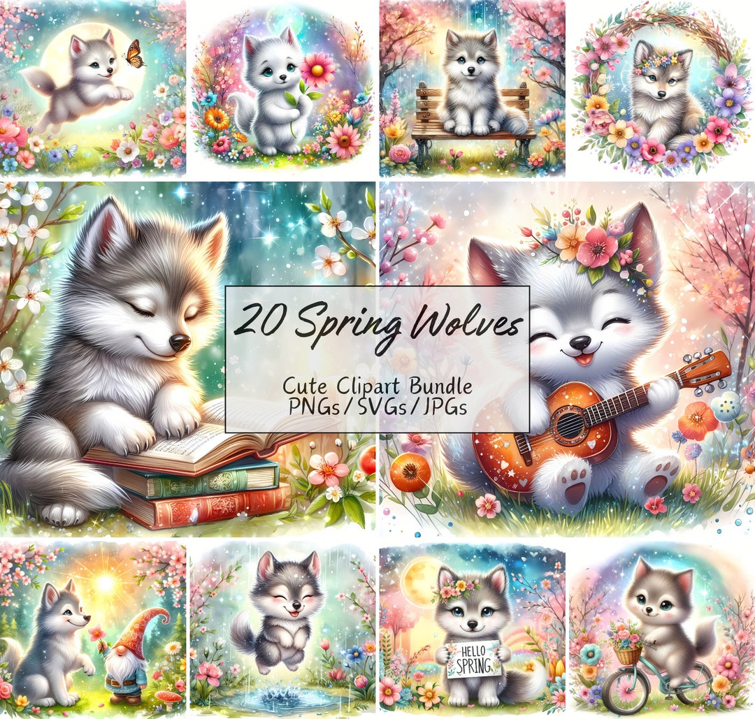 Cute Spring Wolves Clipart Bundle, Watercolor Clip Art Images, High ...