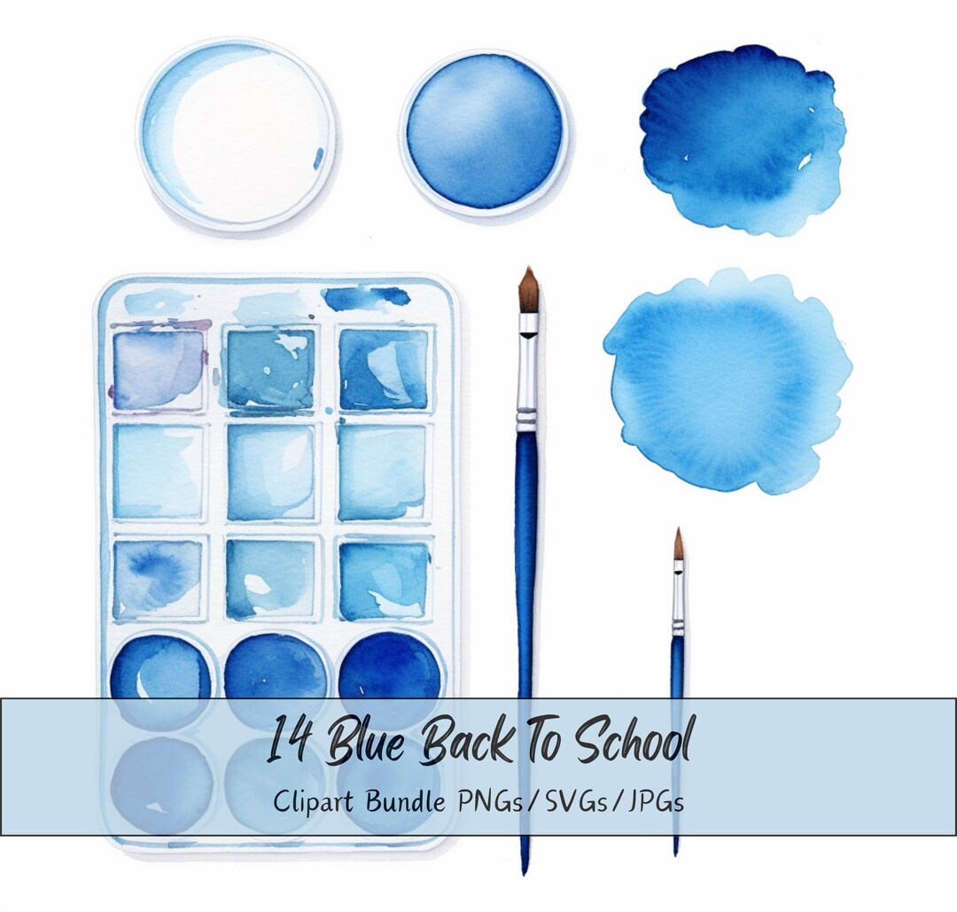 Blue Watercolour Back to School Clipart Bundle, 14 Pngs/svgs/jpgs ...