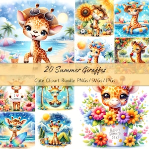 Cute Summer Giraffes Clipart Bundle, Watercolor Giraffe Clip Art Images ...