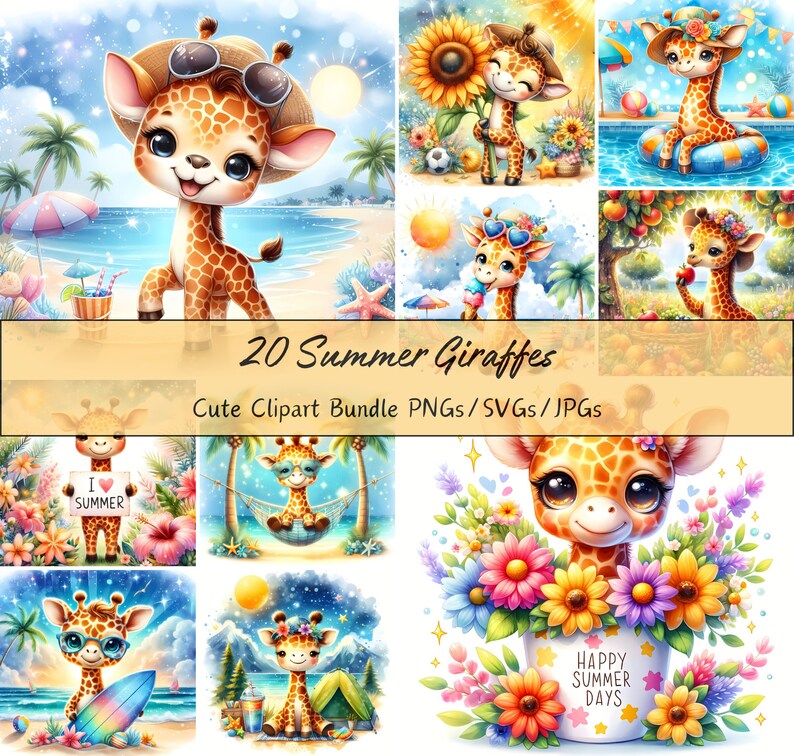 Cute Summer Giraffes Clipart Bundle, Watercolor Giraffe Clip Art Images ...