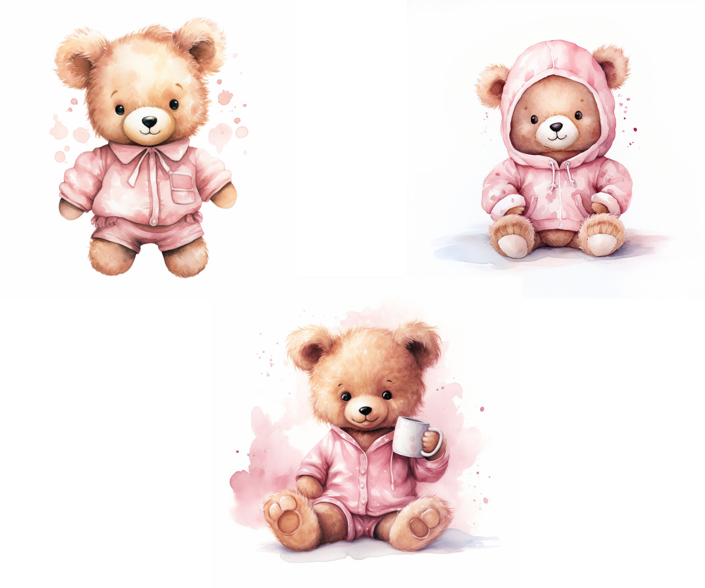Pink Watercolor Teddy Bear Clipart Bundle, Cute Baby Shower Clipart ...