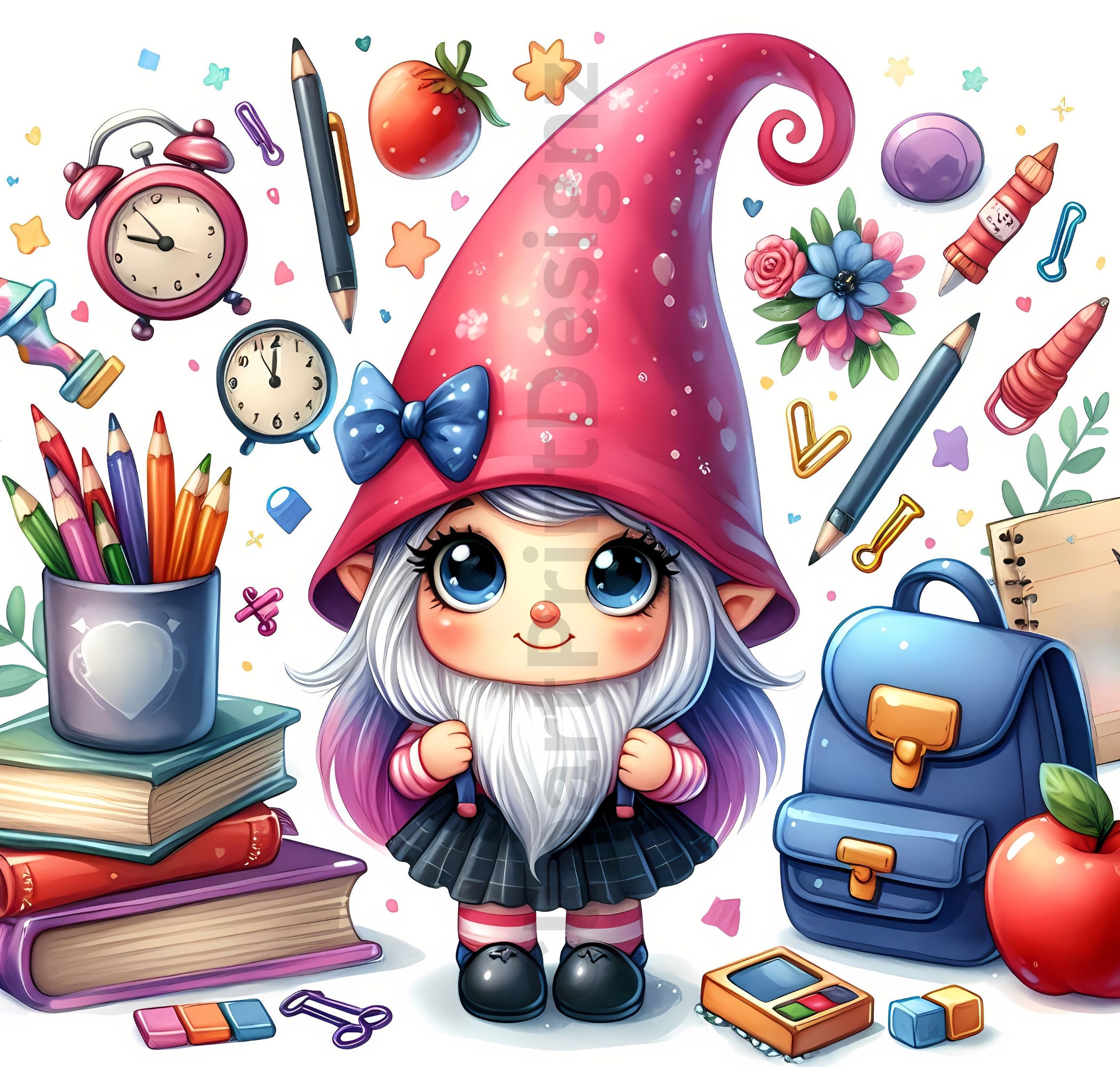 Cute Back to School Gnome Girls Clipart Bundle, Watercolor Gnome Clip ...