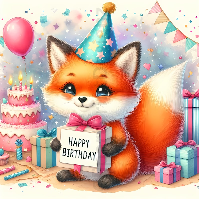 Cute Happy Birthday Animals Clipart Bundle, Festive Watercolor Clip Art ...