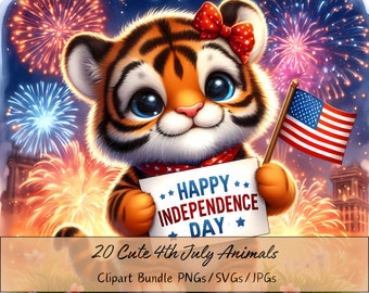 Cute 4th July Animals Clipart Bundle, Watercolor Patriotic Files Animal ...