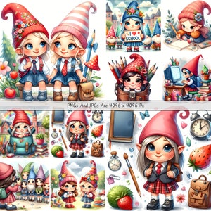 Cute Back to School Gnome Girls Clipart Bundle, Watercolor Gnome Clip ...