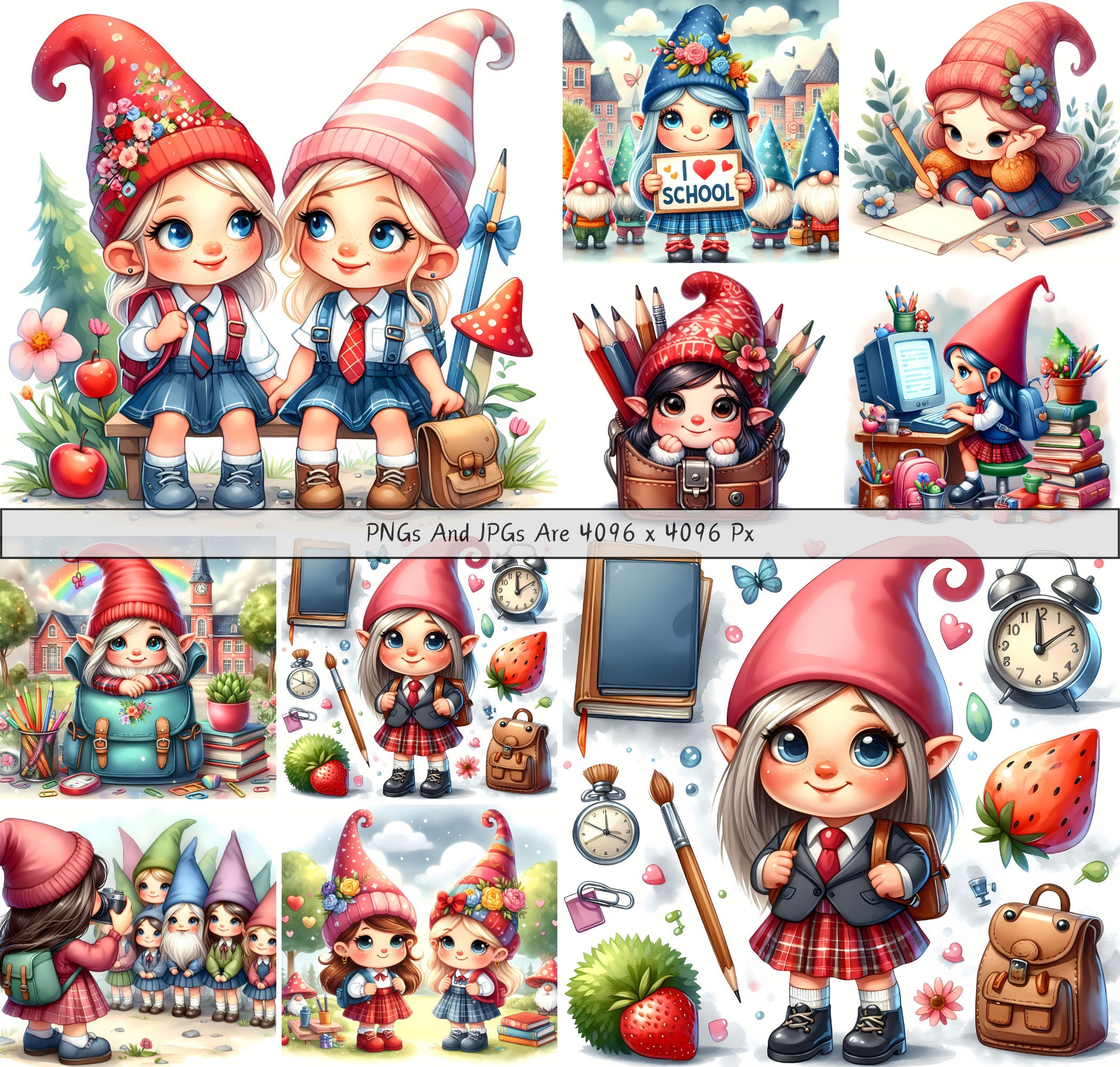 Cute Back to School Gnome Girls Clipart Bundle, Watercolor Gnome Clip ...