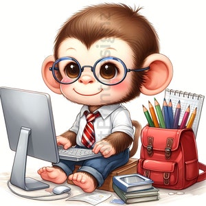 Cute Back to School Moneys Clipart Bundle, Watercolor Monkey Clip Art ...