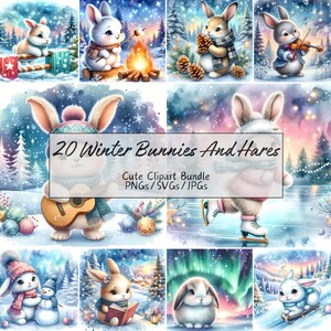 Cute Winter Bunnies/hares Clipart Bundle, Festive Watercolor Clip Art ...