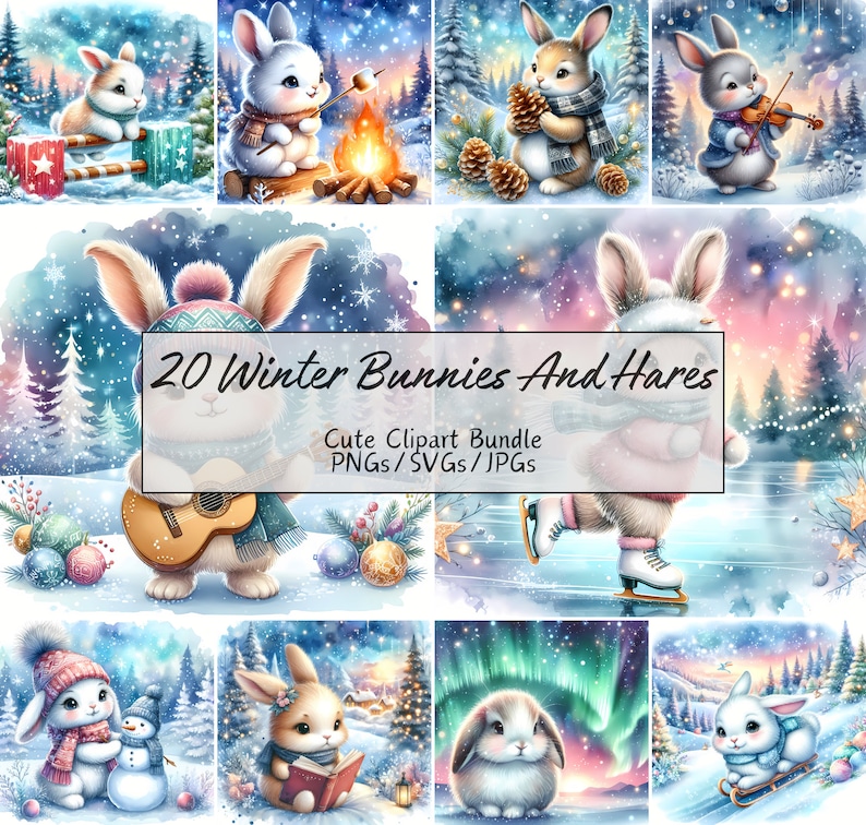 Cute Winter Bunnies/hares Clipart Bundle, Festive Watercolor Clip Art ...