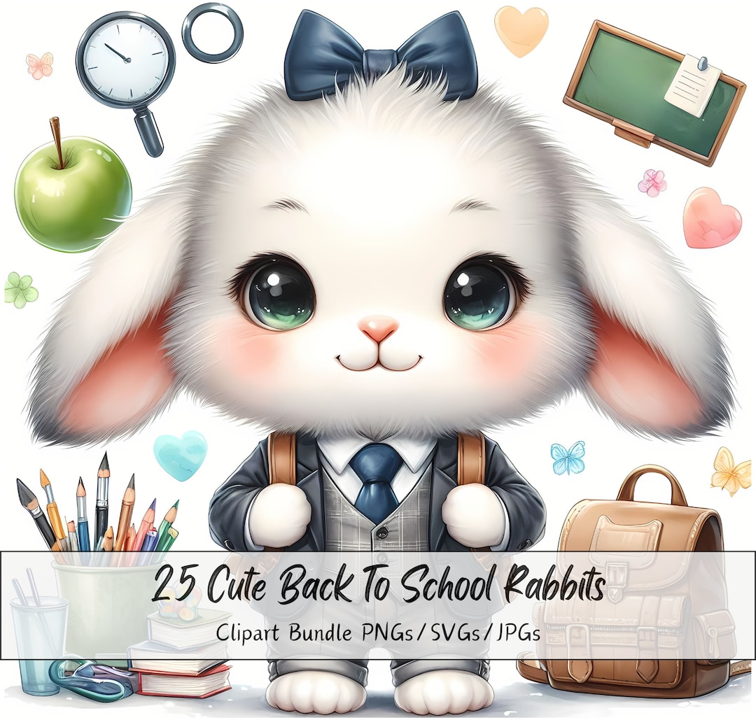 Cute Back to School Rabbits Clipart Bundle, Watercolor Rabbit Clip Art ...