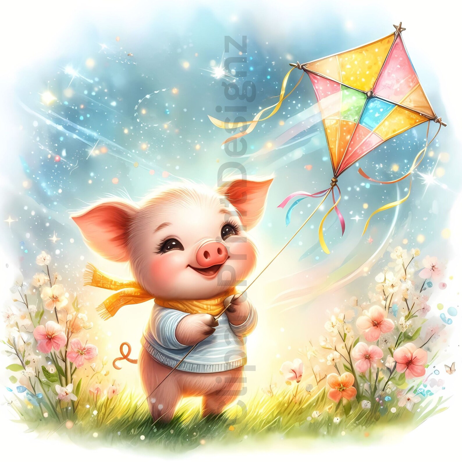 Cute Spring Animals Kite Flying Clipart Bundle, Watercolor Clip Art ...