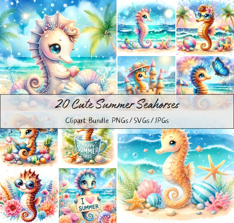 Cute Summer Seahorses Clipart Bundle, Watercolor Seahorse Clip Art ...