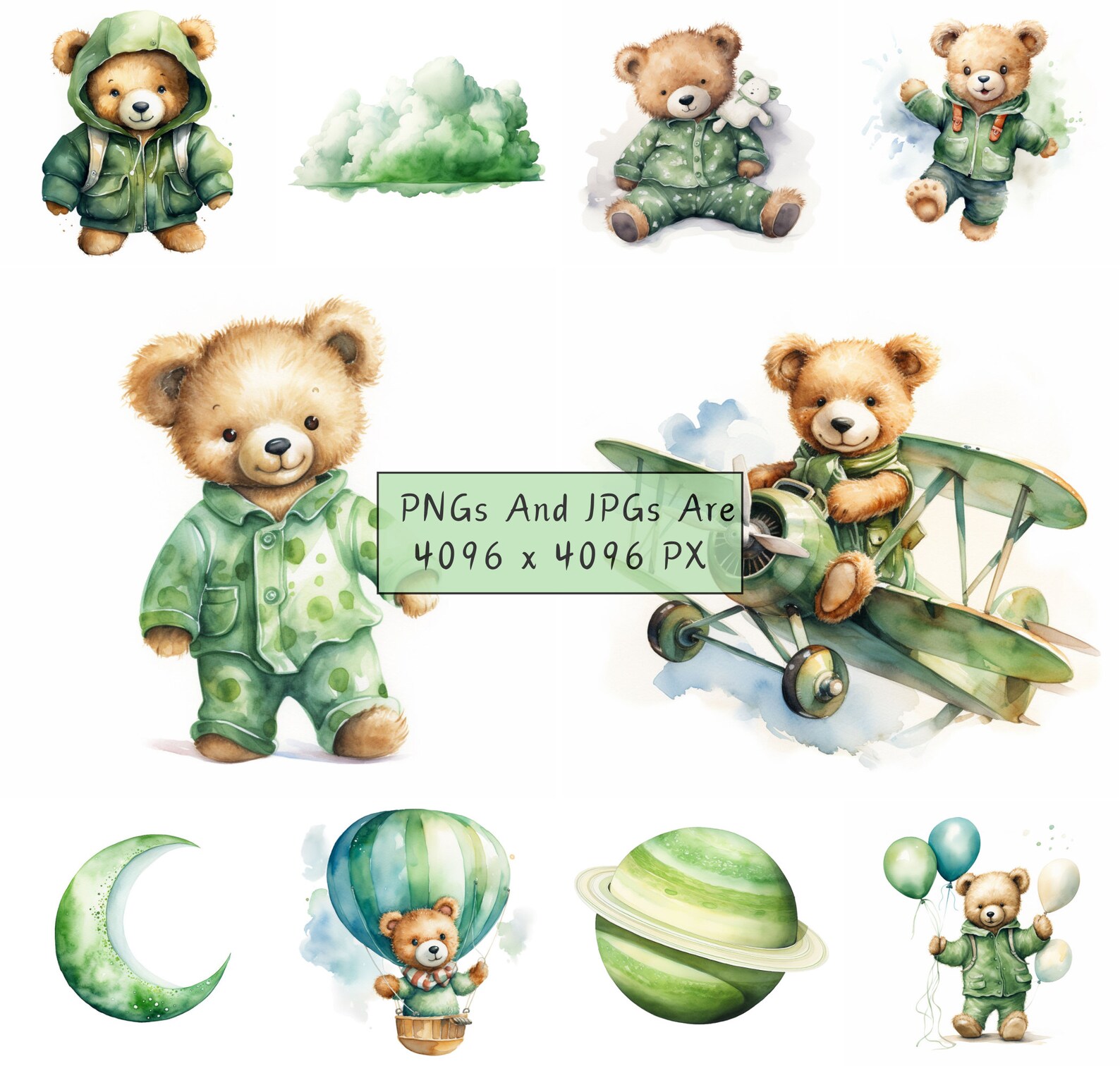 20 Green Watercolour Teddy Bear Clipart, Baby Shower Bundle, Commercial ...