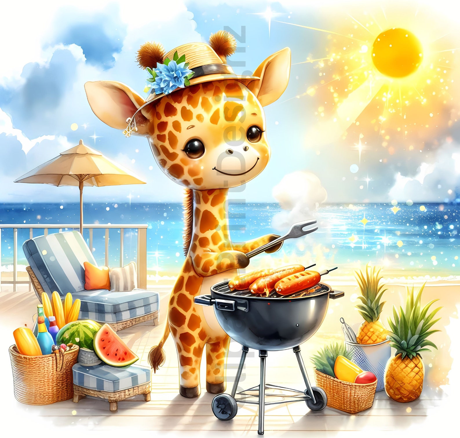 Cute Summer Giraffes Clipart Bundle, Watercolor Giraffe Clip Art Images ...