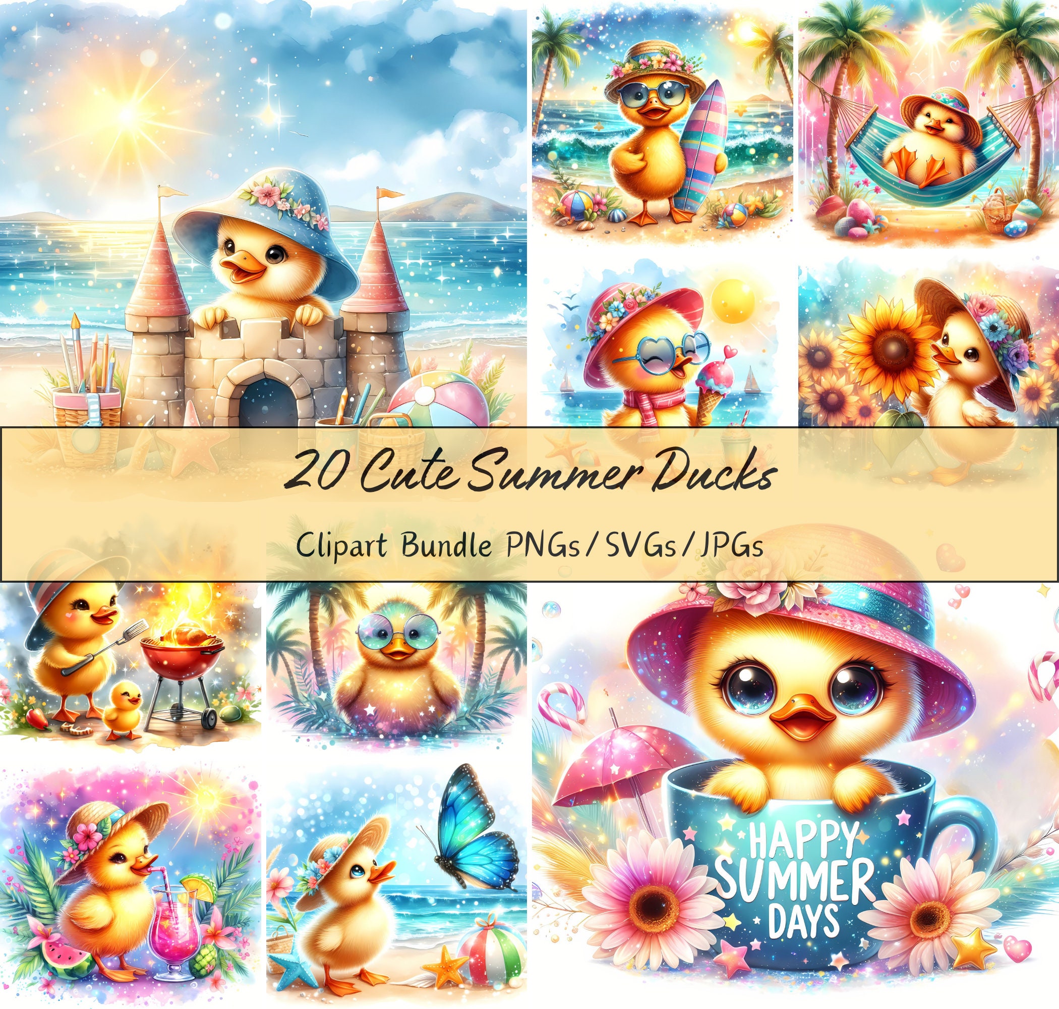 Cute Summer Ducks Clipart Bundle, Watercolor Duck Clip Art Images, High ...