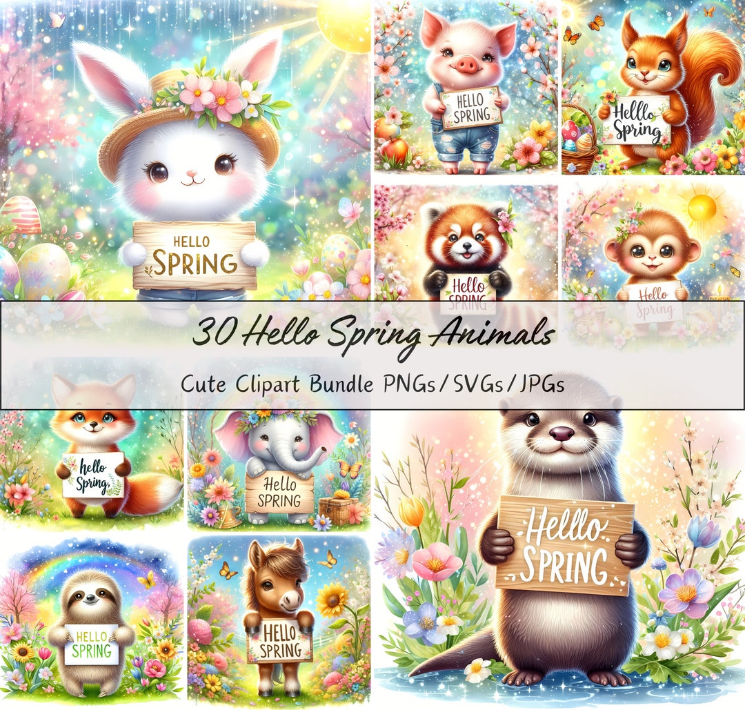 Cute Hello Spring Animals Clipart Bundle, Watercolor Clip Art Images ...