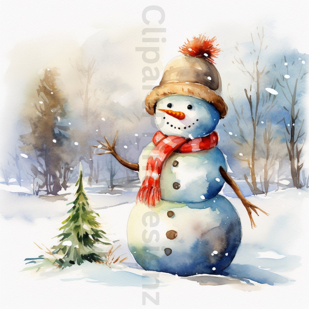 10 Cute Watercolor Christmas Snowmen, High Quality Clipart Bundle, Junk ...