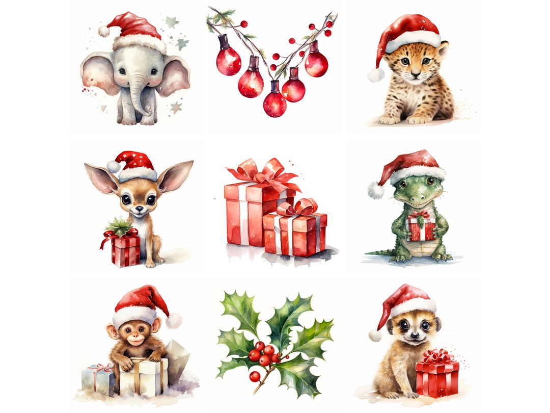 Safari Jungle Christmas Animals, 40 Cute High Quality Pngs, Watercolor ...