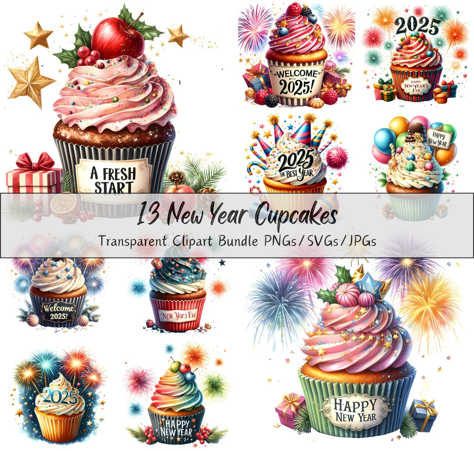 New Year Cupcakes Clipart Bundle, Year's Eve Watercolor Clip Art Images ...