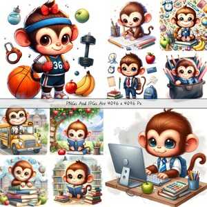 Cute Back to School Moneys Clipart Bundle, Watercolor Monkey Clip Art ...