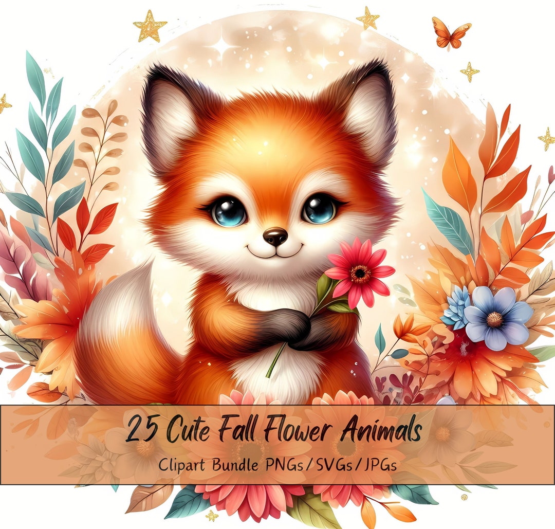 Cute Fall Flower Animals Clipart Bundle, Watercolor Animal Clip Art ...