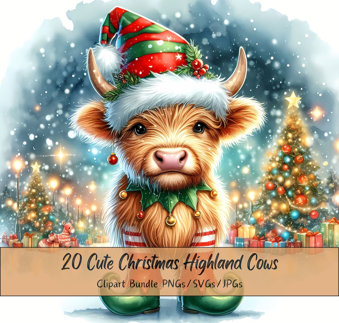 Cute Christmas Highland Cows Clipart Bundle, Xmas Cow Clip Art Images ...