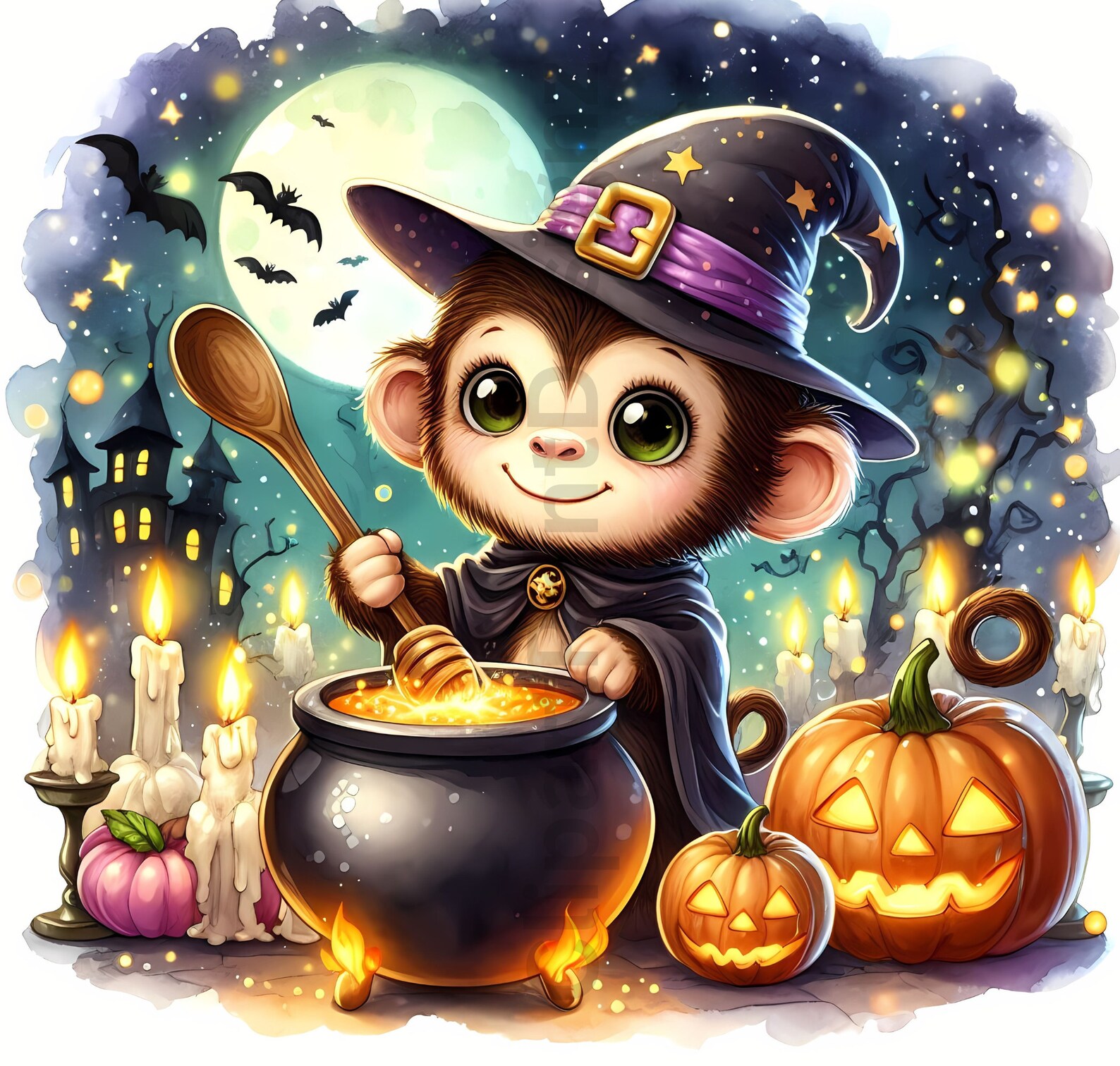 Cute Halloween Monkeys Clipart Bundle, Watercolor Monkey Clip Art ...