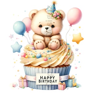 Cute Animals in Happy Birthday Cupcakes Clipart Bundle, Watercolor Clip ...