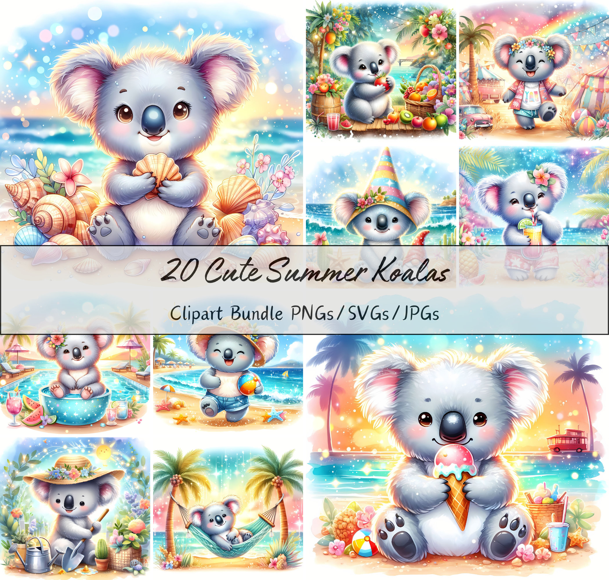 Cute Summer Koalas Clipart Bundle, Watercolor Koala Clip Art Images ...