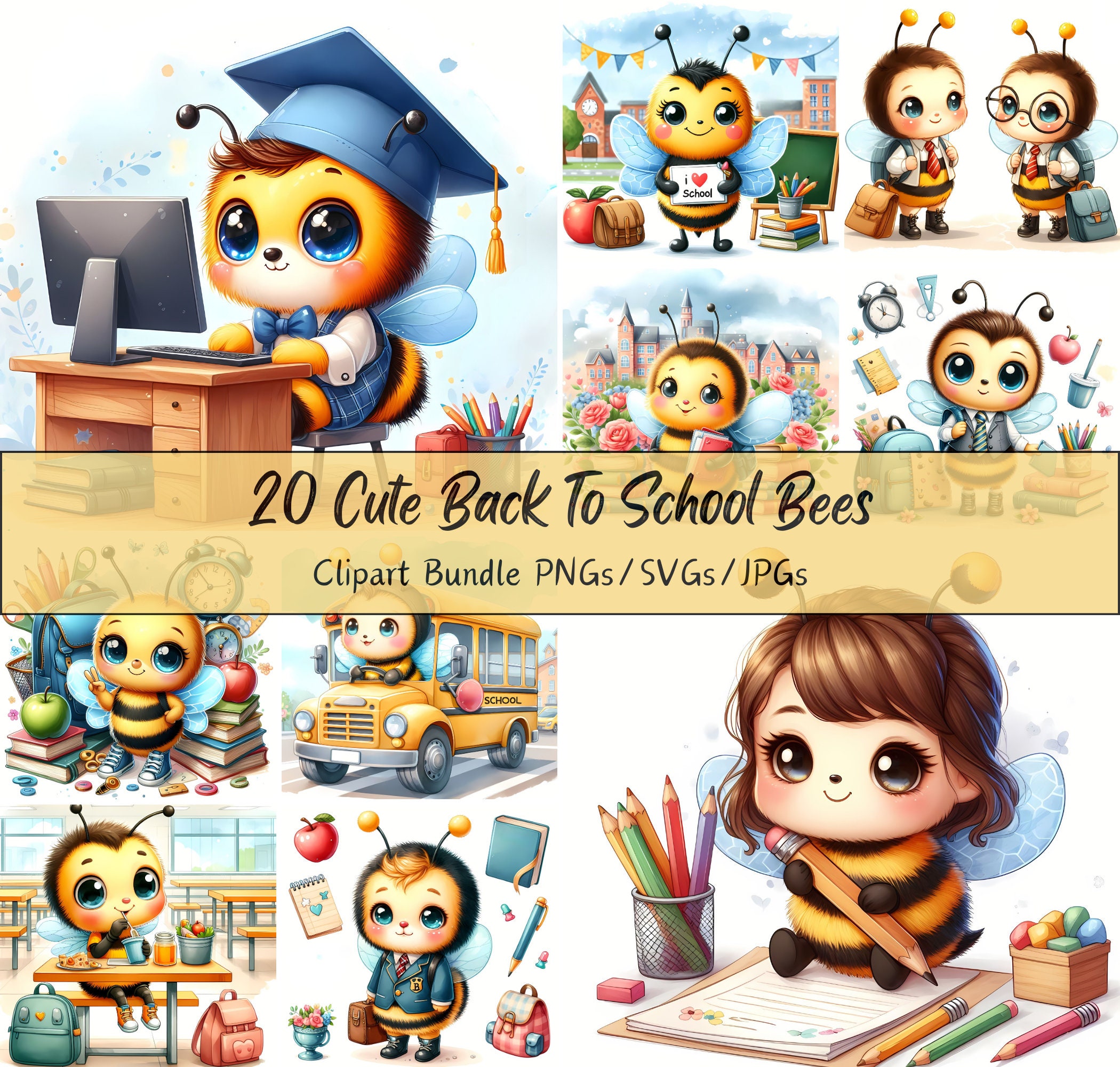 Cute Back to School Bees Clipart Bundle, Watercolor Bee Clip Art Images ...