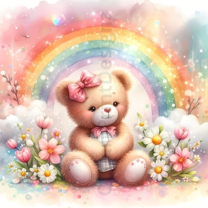 Cute Spring Teddy Bears Clipart Bundle, Watercolor Clip Art Images ...