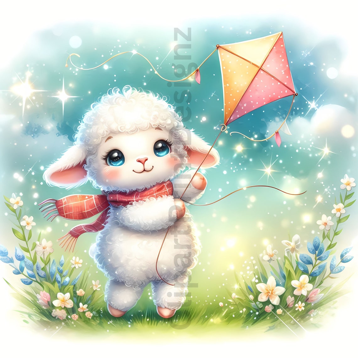Cute Spring Animals Kite Flying Clipart Bundle, Watercolor Clip Art ...
