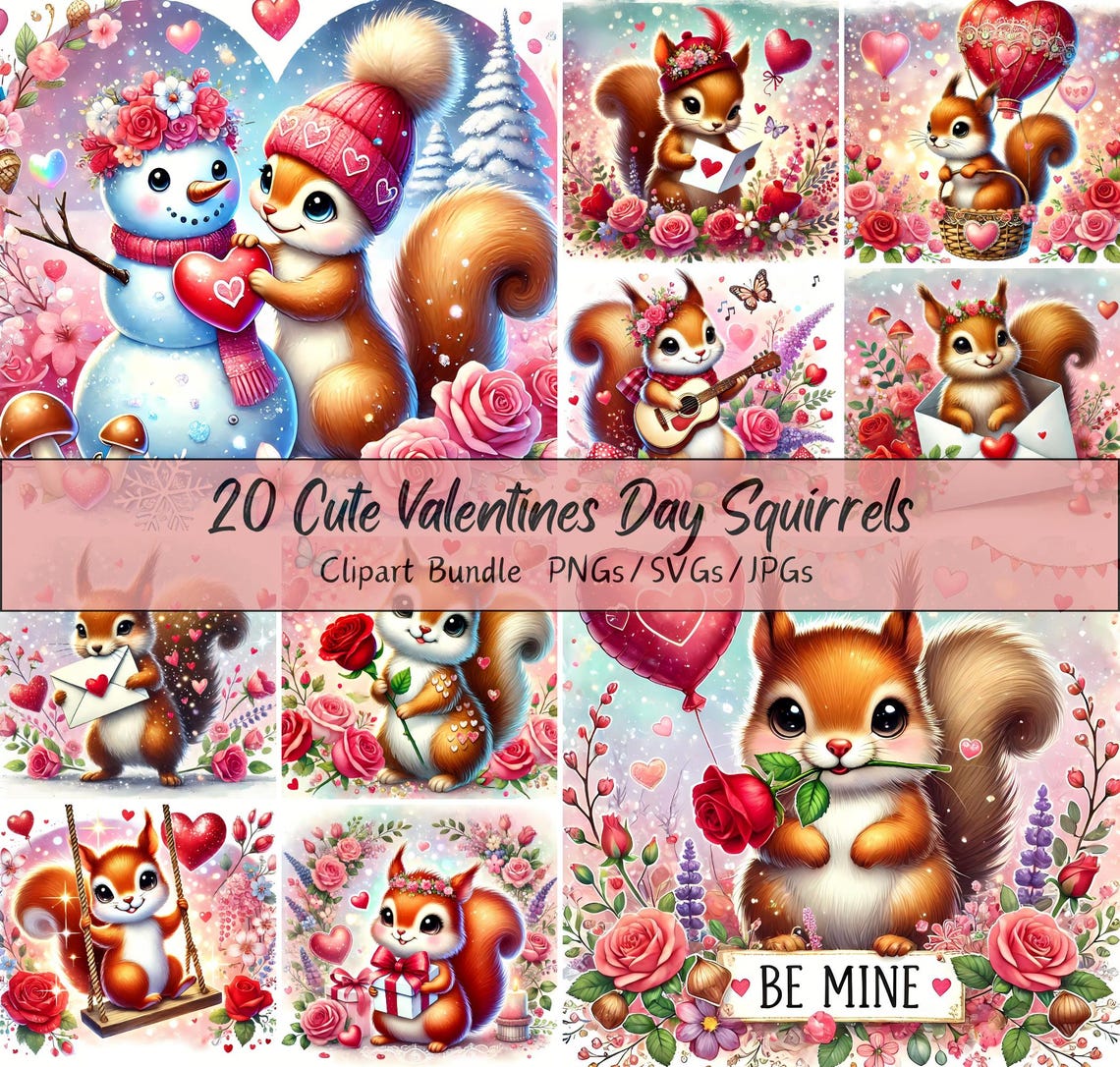 Cute Valentines Day Squirrels Clipart Bundle, Valentine Squirrel Clip ...