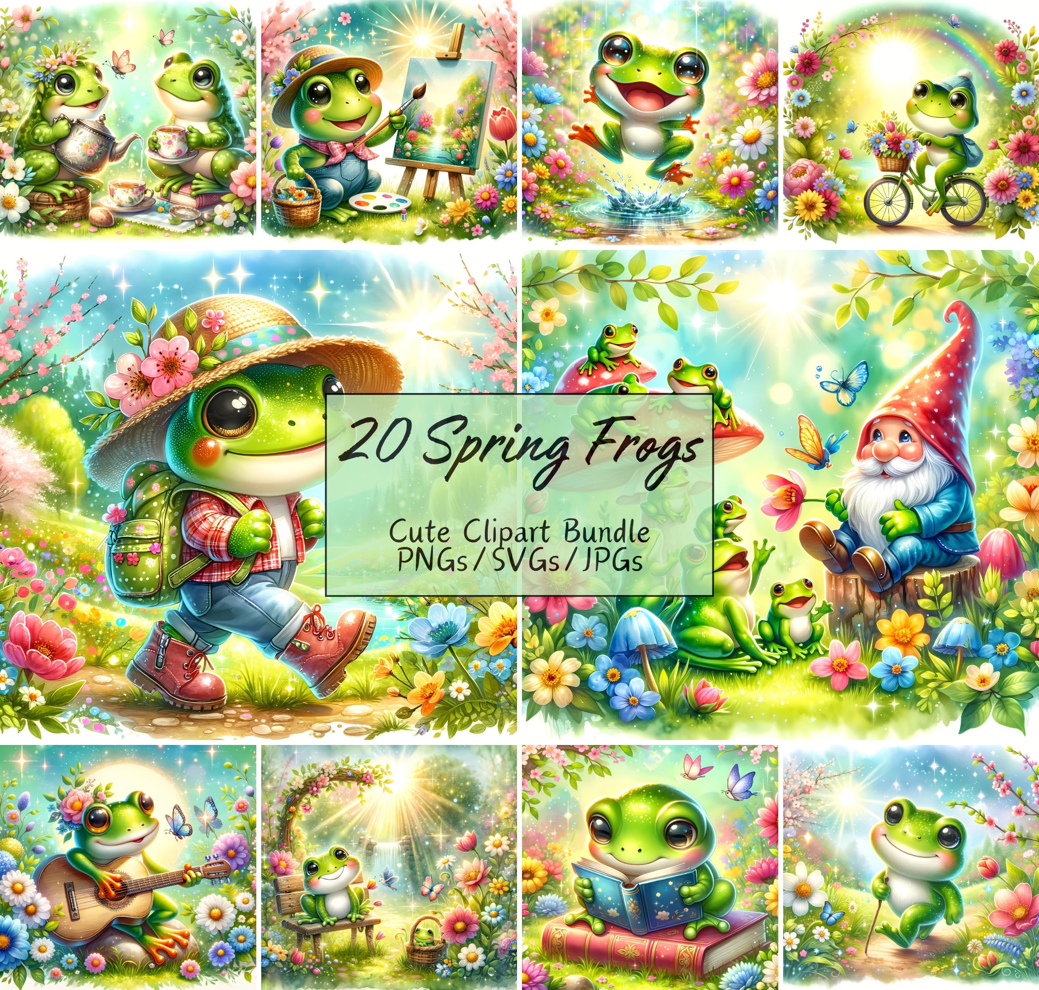 Cute Spring Frogs Clipart Bundle, Watercolor Clip Art Images, 20 High ...