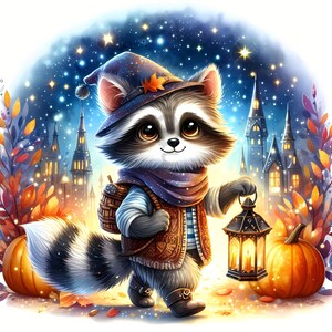 Cute Fall Raccoons Clipart Bundle, Watercolor Autumn Raccoon Clip Art ...