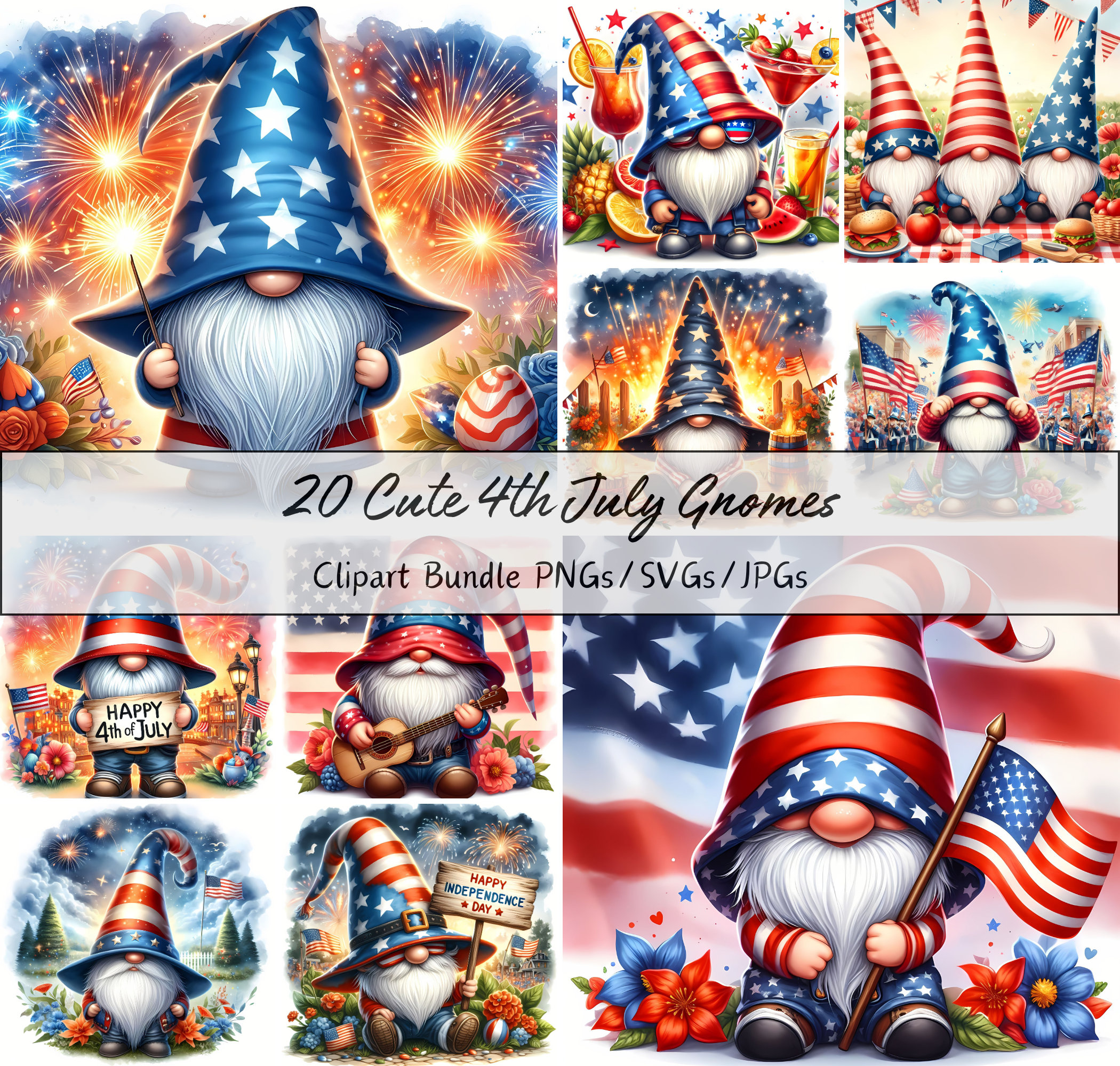 Cute 4th July Gnomes Clipart Bundle, Watercolor Patriotic Files Gnome ...