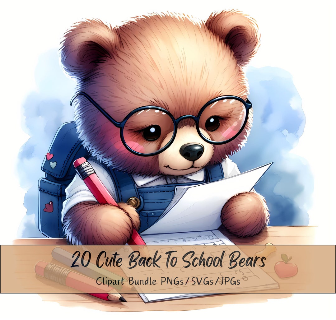 Cute Back to School Bears Clipart Bundle, Watercolor Bear Clip Art ...